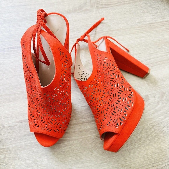 Aldo | Shoes | Aldo Red Suede Laser Cut Open Toe Tie Back Heels | Poshmark